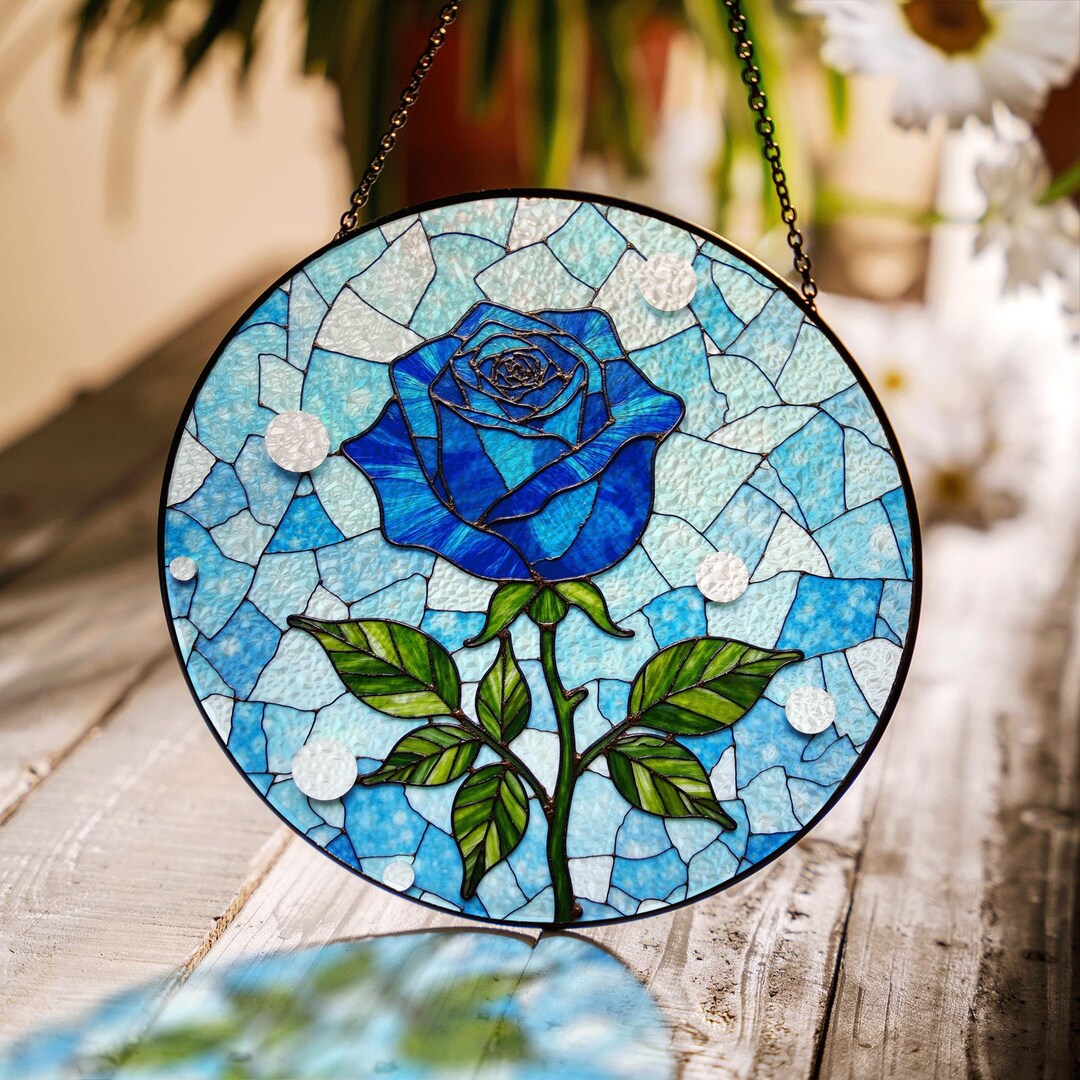 Blue Rose Stained Glass Art Round Window Hanging Suncatcher Gift for ...