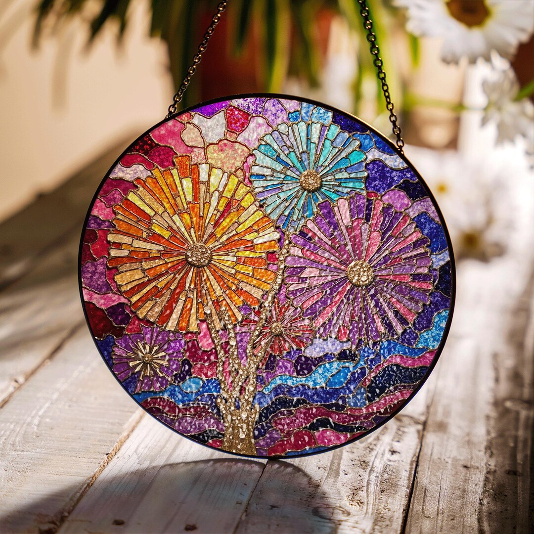 Colorful Firework Tree Stained Glass Suncatcher for Home Decor or Gift ...