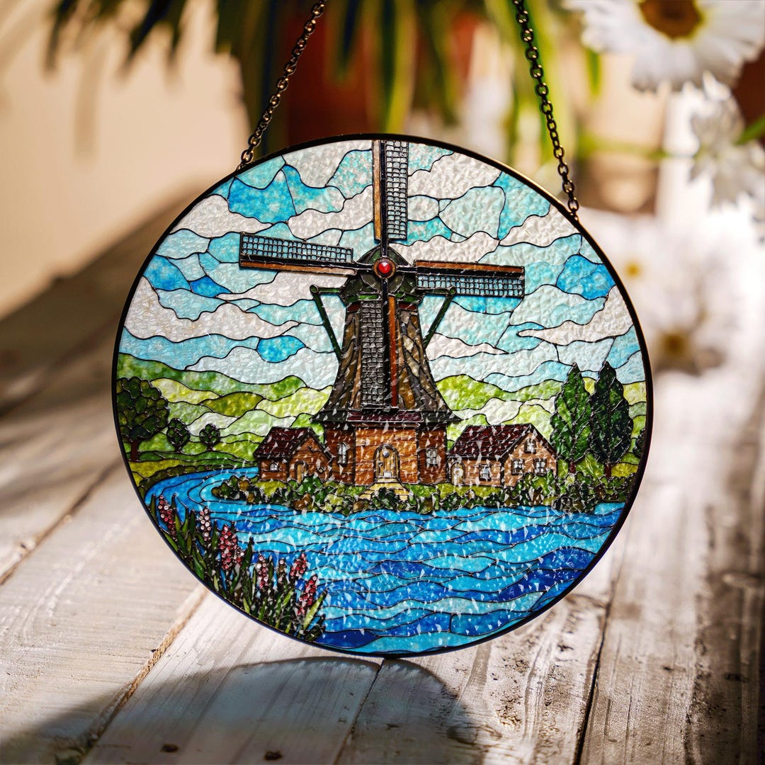 Windmill Stained Glass Suncatcher Decorative Gift for Home or Garden ...