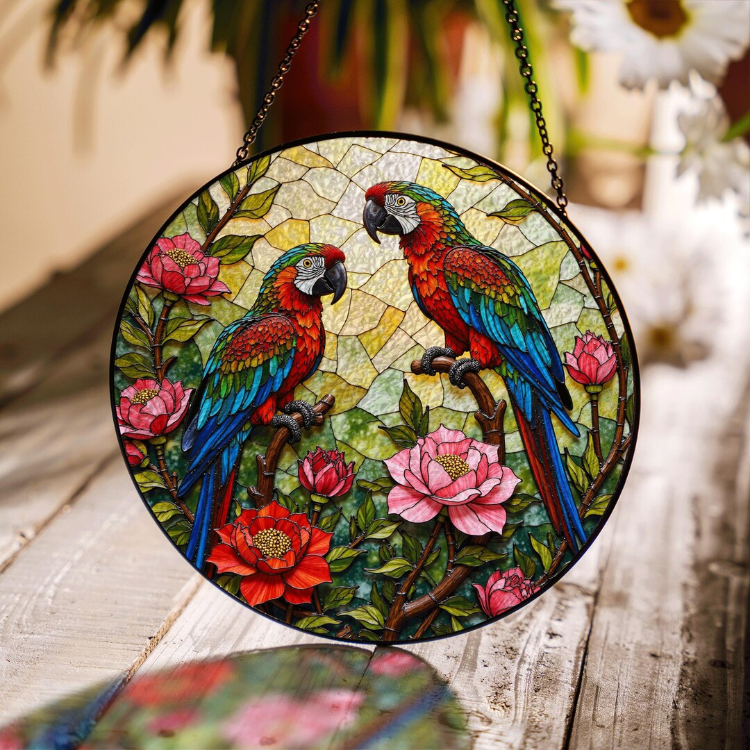 Colorful Parrots and Roses Glass Suncatcher Vibrant Bird Floral Sun Catcher Gift for Bird Lovers ...