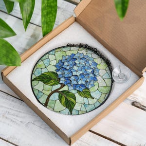Blue Hydrangea Flower Stained Glass Suncatcher Floral Window Hanging ...