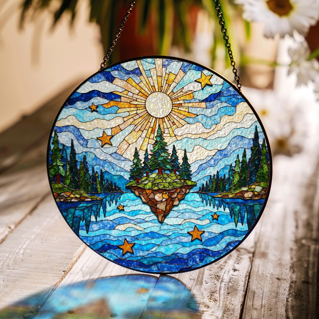 Floating Island Forest Sun and Stars Suncatcher Window Hanging Stained ...