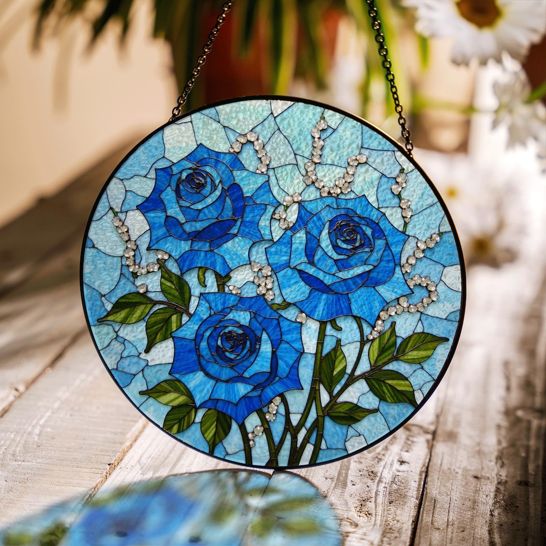 Blue Rose Stained Glass Suncatcher Perfect Gift for Floral Lovers and ...