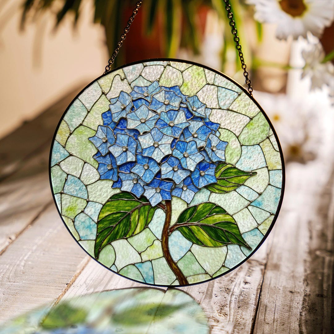 Blue Hydrangea Flower Stained Glass Suncatcher Floral Window Hanging ...