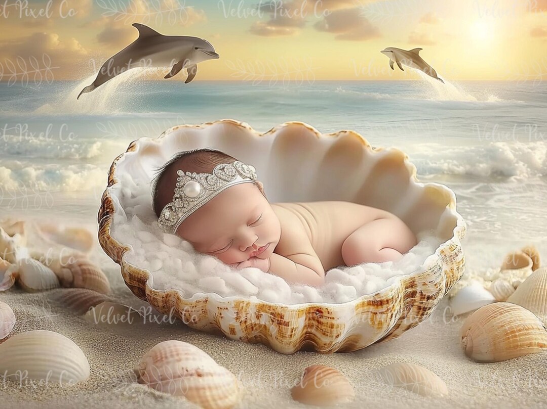Newborn Digital Backdrop, Seashell Digital Background, Baby Shell Photo ...