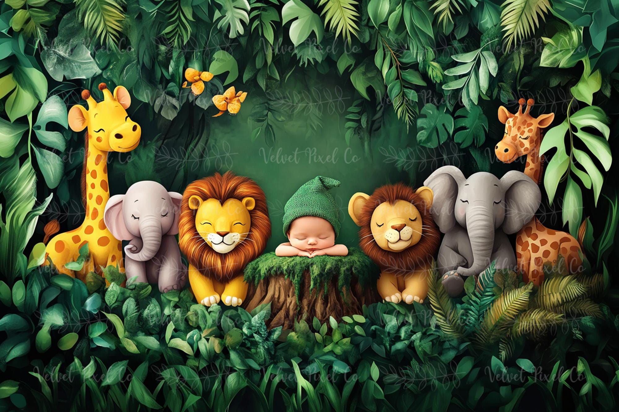 Newborn Digital Backdrop, Jungle Animals Newborn Digital Background ...