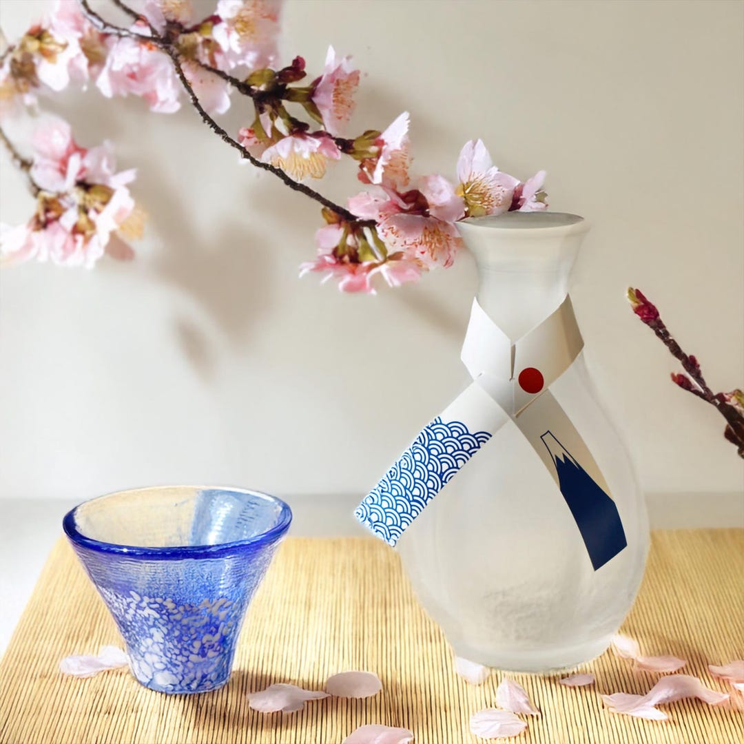 Mount Fuji Glass Sake Set - Pitcher and Cup, Good Luck Series, Japanese ...
