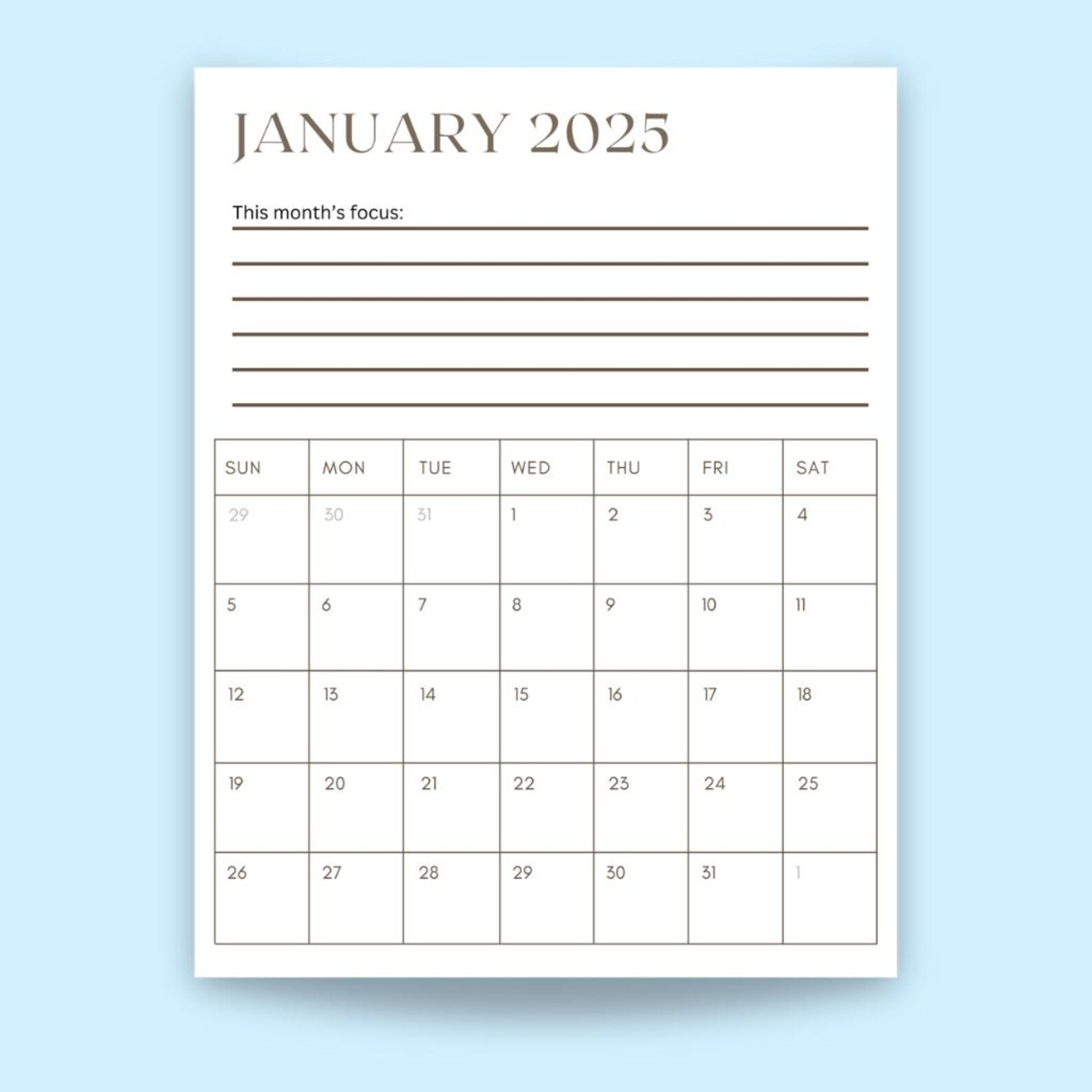 2025 Minimalist Printable Calendar - Portrait Layout Monthly Focus ...