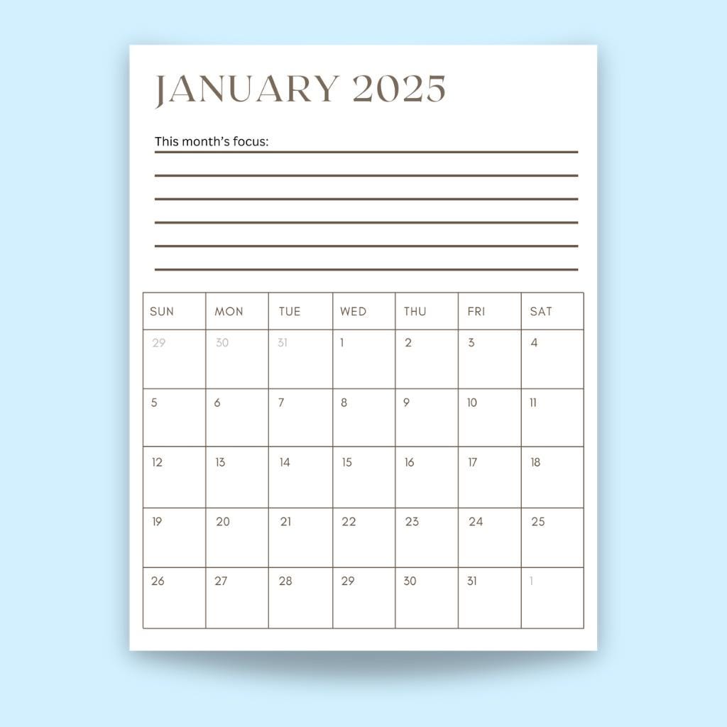 2025 Minimalist Printable Calendar - Portrait Layout Monthly Focus ...