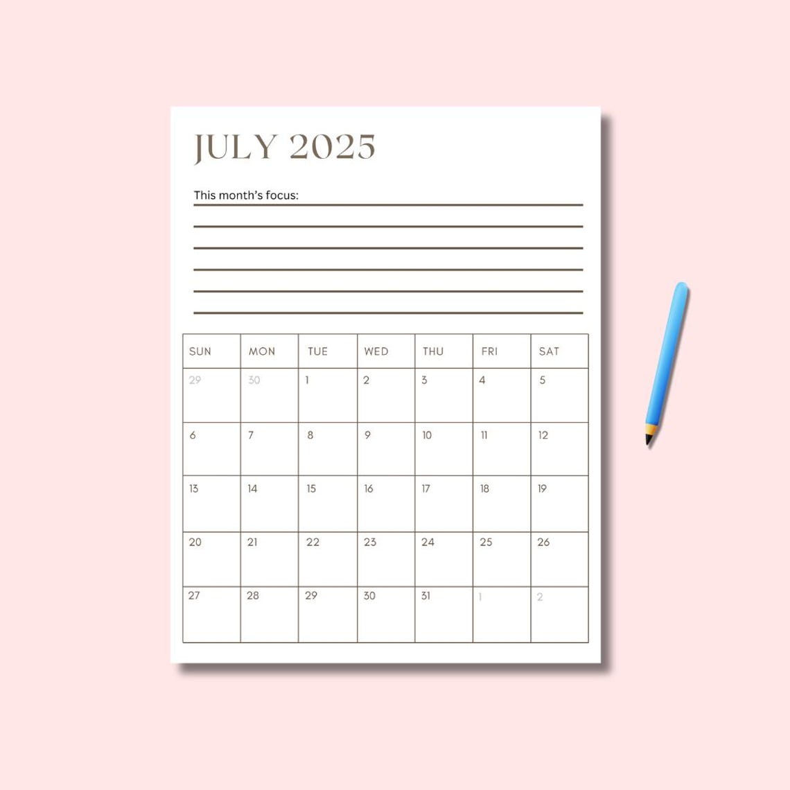 2025 Minimalist Printable Calendar - Portrait Layout Monthly Focus ...