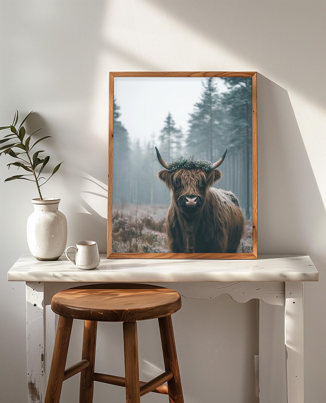 Highland Cow Wearing Flower Crown Poster, Premium Ready to Hang Rustic ...