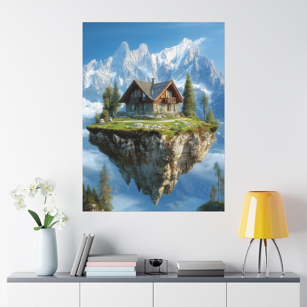 Surreal Floating Cabin Poster, Dreamscape Nature Print, Premium Ready ...