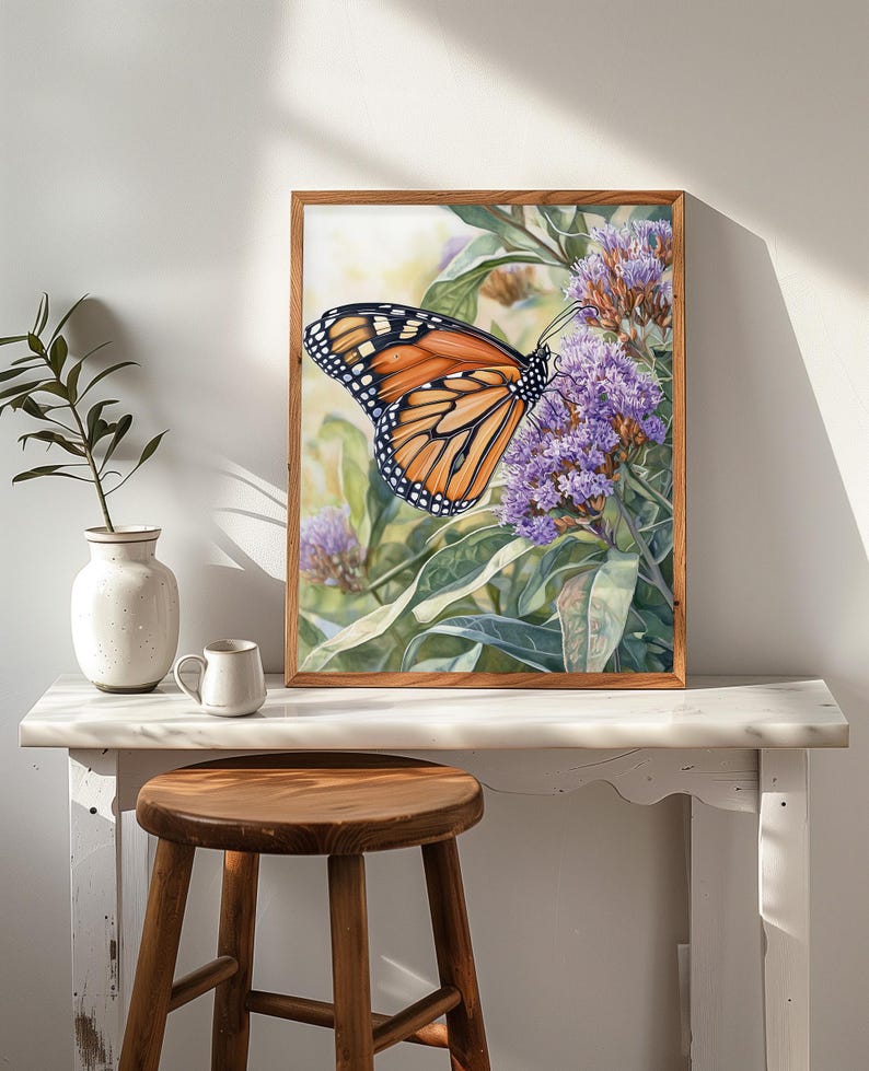 Orange Monarch Butterfly Poster, Detailed Floral Nature Print, Premium ...