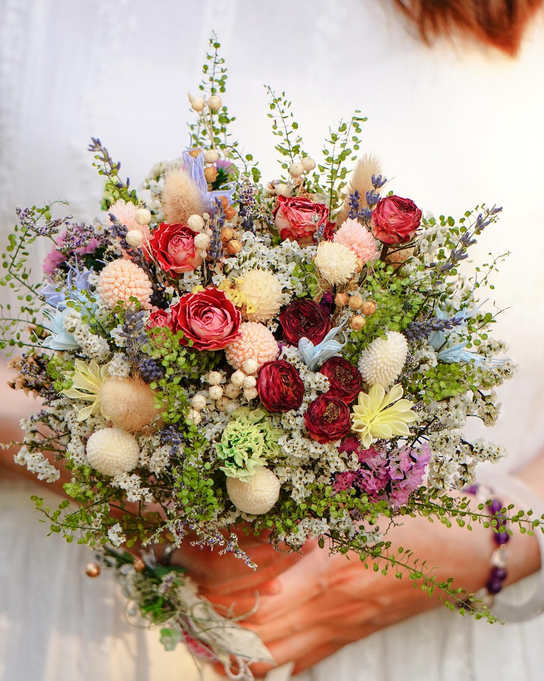 Colorful Rose Forget-me-not Dried Flower Bouquet, Red Romantic Bridal ...