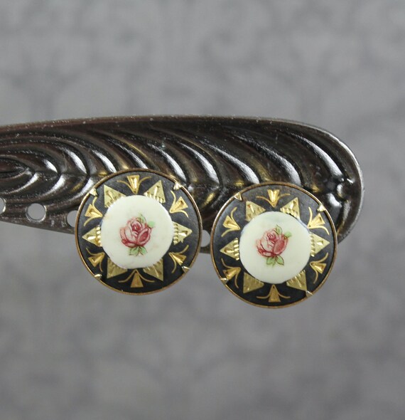 Vintage Damascene Black and Gold Bird Rose Enamel Ova… - Gem