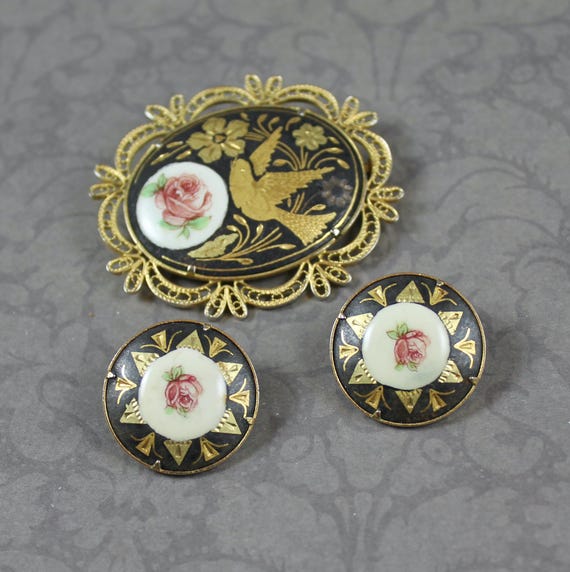 Vintage Damascene Black and Gold Bird Rose Enamel Ova… - Gem