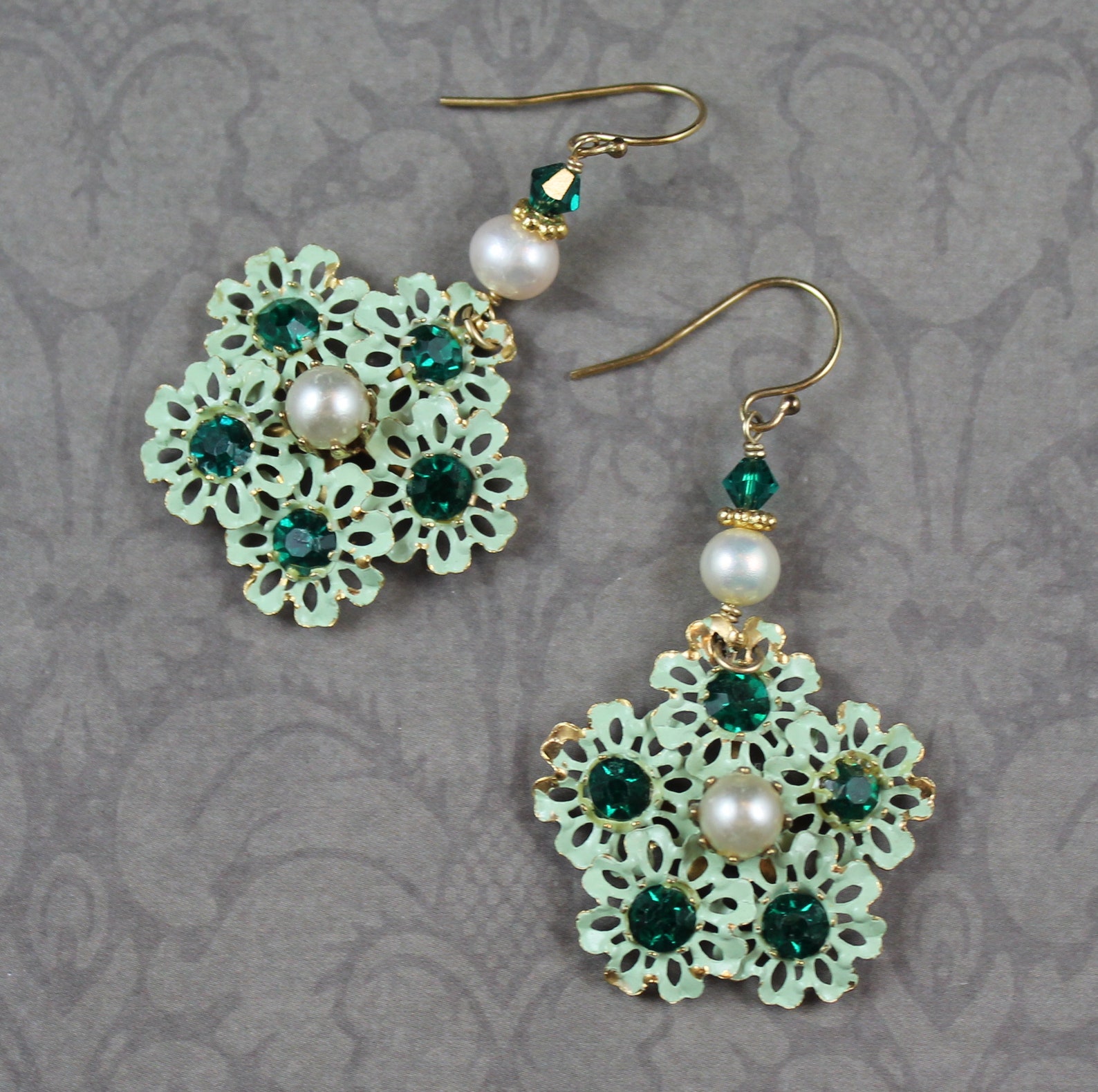 Vintage Mint Green Enamel Filigree Flower Green Rhinestone and | Etsy