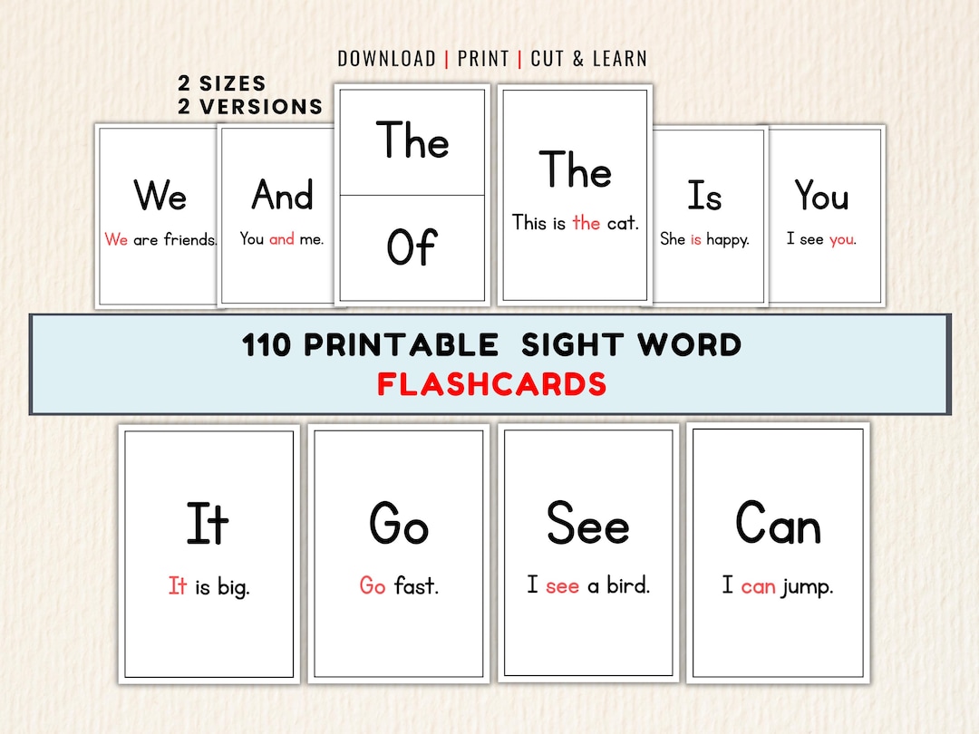 110 Sight Word Flashcards Printable Fry Words Kindergarten 1st Grade ...