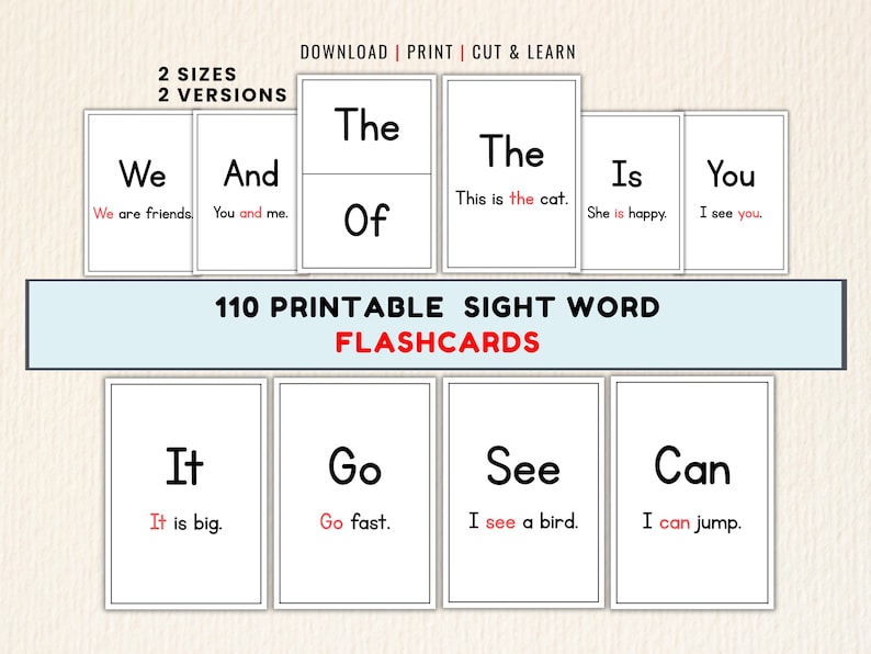 110 Sight Word Flashcards Printable Fry Words Kindergarten 1st Grade ...