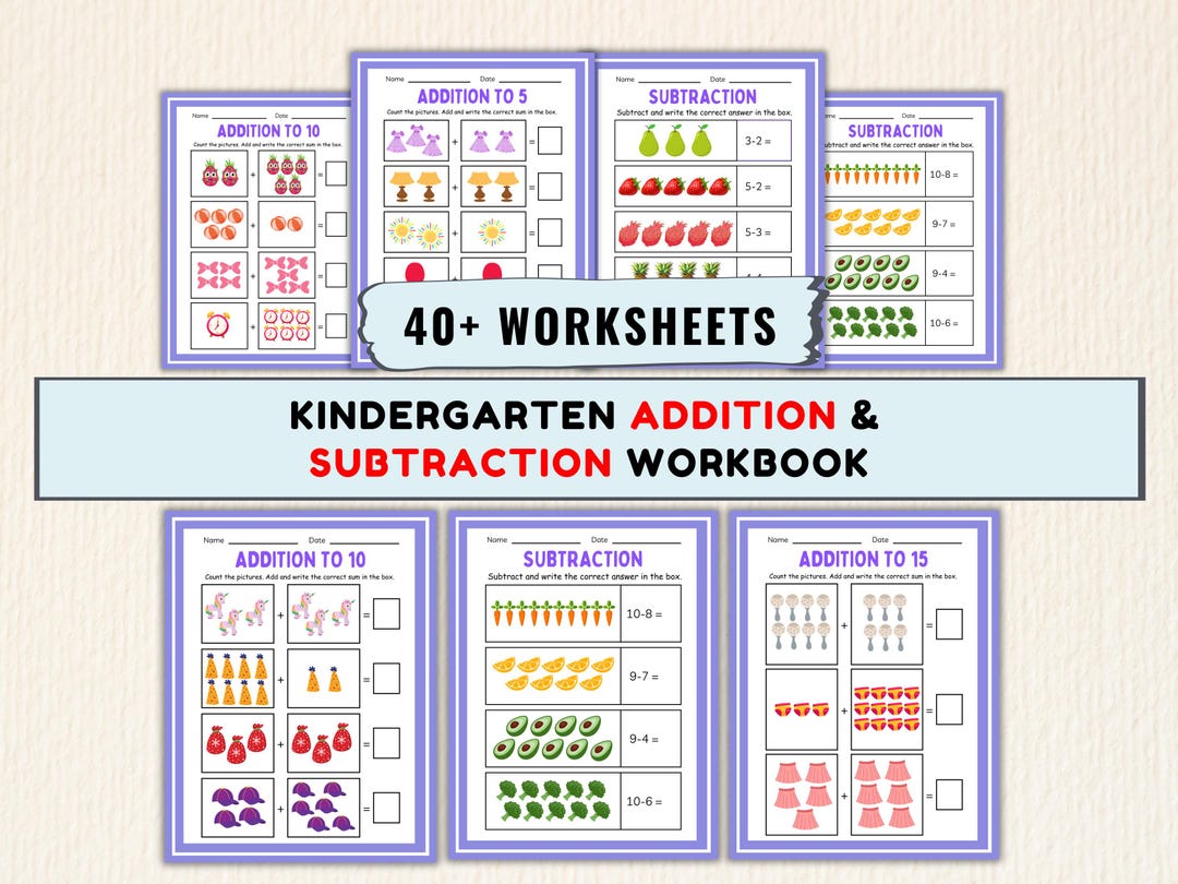 40 Kindergarten Addition and Subtraction Worksheets to 20 Printable ...