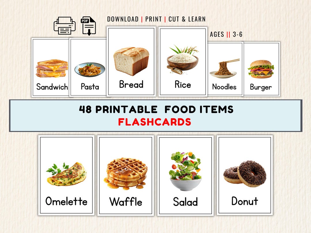 48 Food Flashcards for Preschool Kids | Printable Food Cards PDF ...