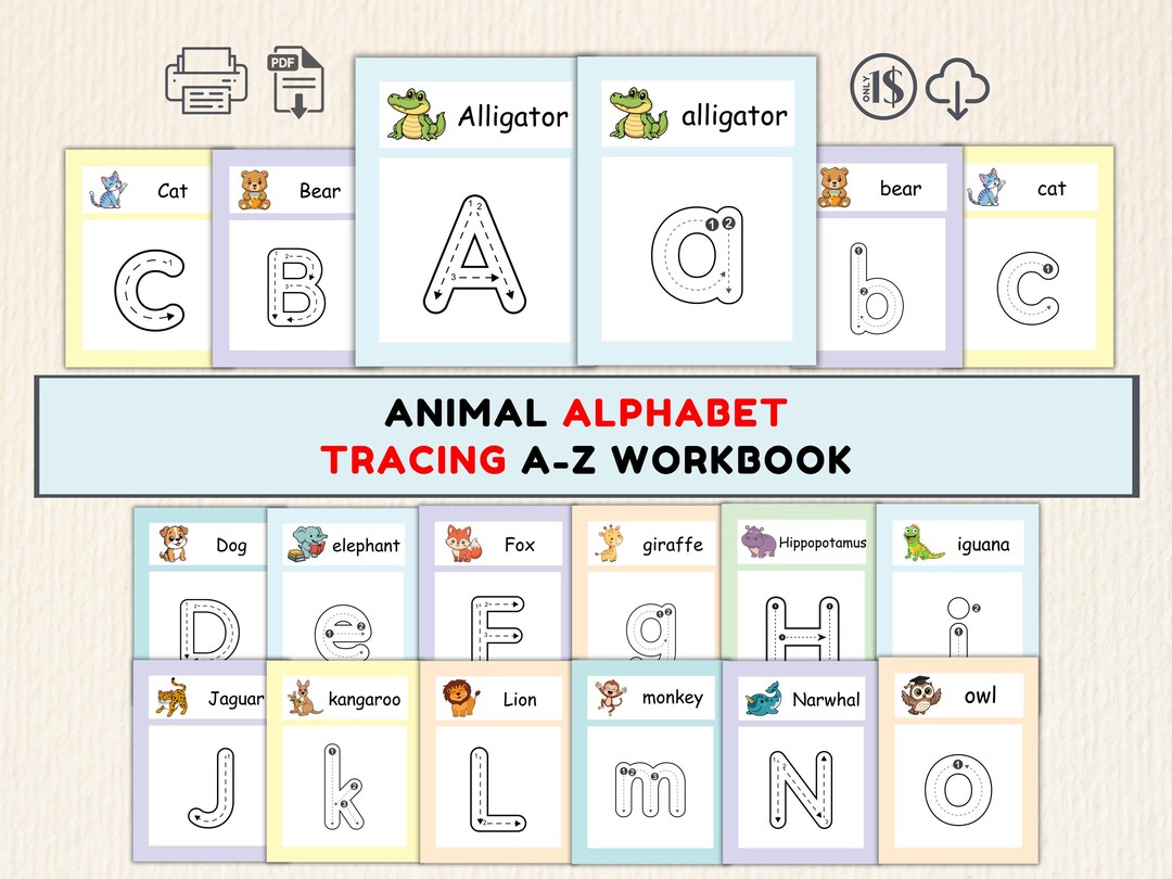 Animal Alphabet Tracing Worksheets | Uppercase and Lowercase ABC for ...