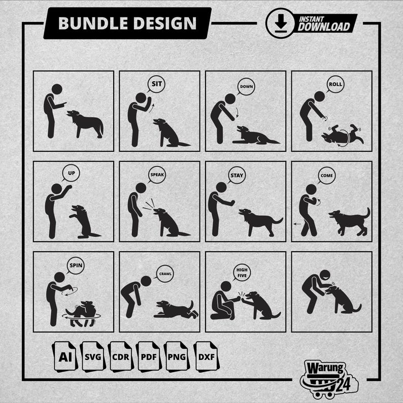 Stick Figure Dog Commands Training Instructions | Pet Behavior Trainer ...