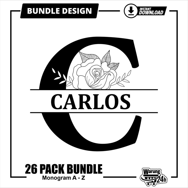 Rose Split Monogram Svg, Jpg, Png, Floral Monogram Clipart, Rose Letter ...