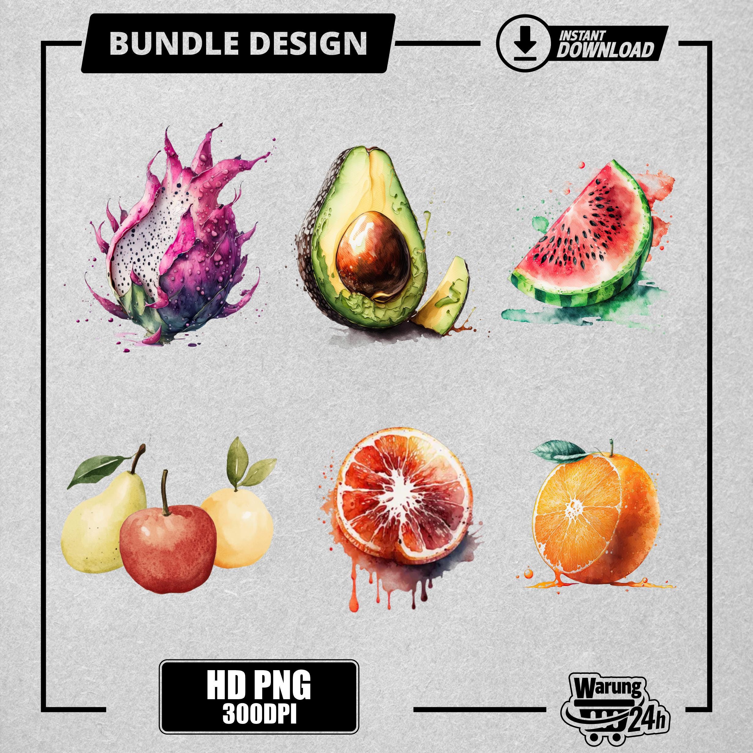 Bundle Fruits Clipart, Fruit Watercolor Flowers and Trees, Food Sticker ...