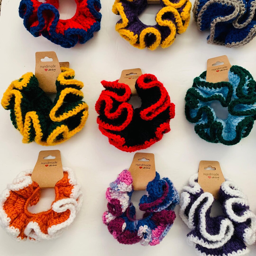 Handmade Ruffled Crochet Scrunchies: Multi-color Hair Accessory - Etsy