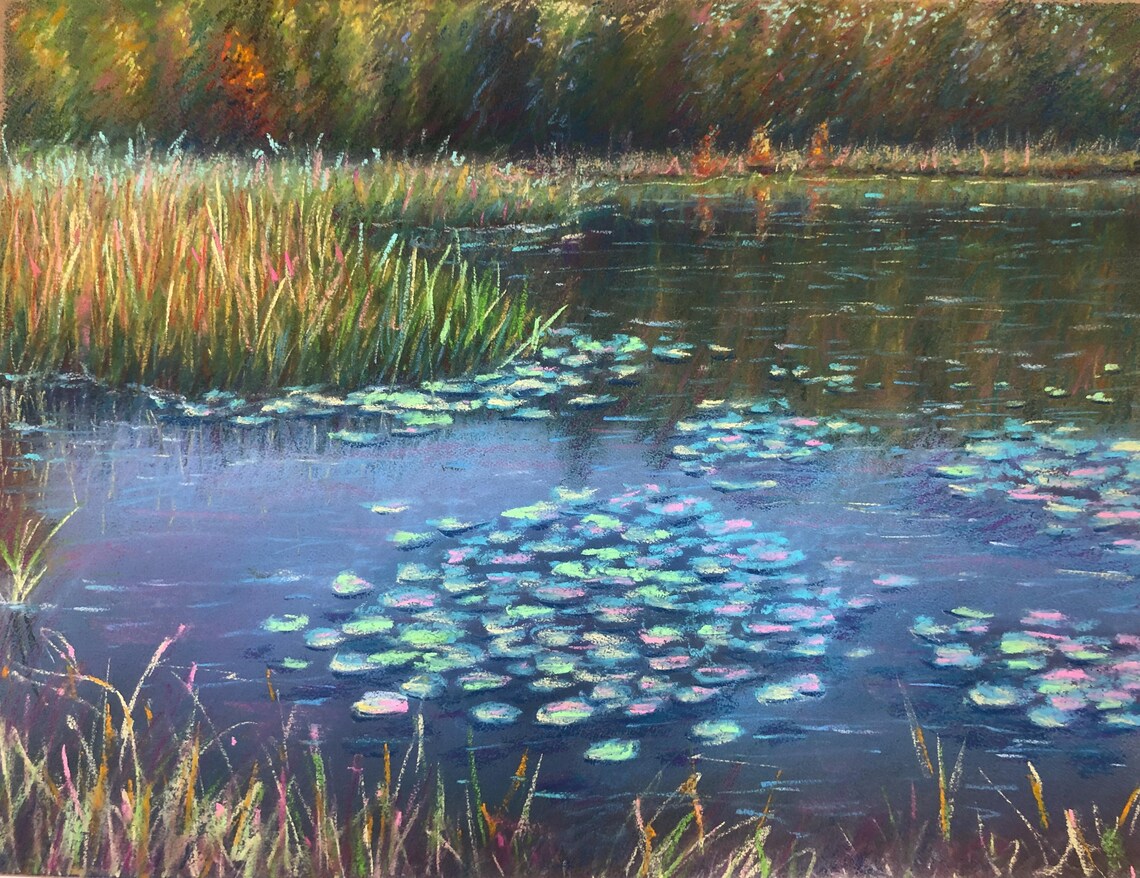 Waterlily Pond | Pastel Painting With Frame-waterlilies-landscape ...