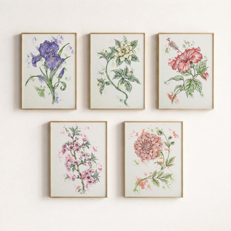 Set of 10 Watercolor Flower Prints | Floral Wall Art Bundle | Digital ...