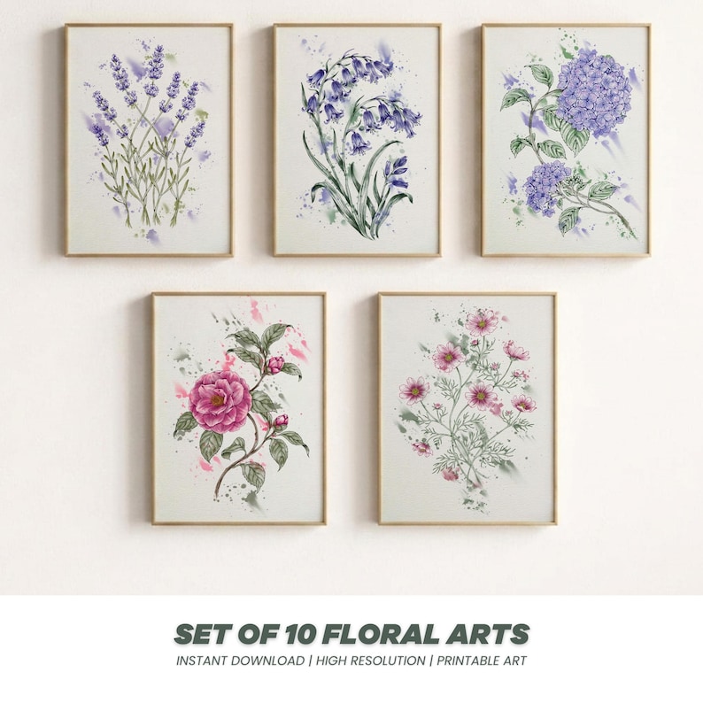 Set of 10 Watercolor Flower Prints | Floral Wall Art Bundle | Digital ...