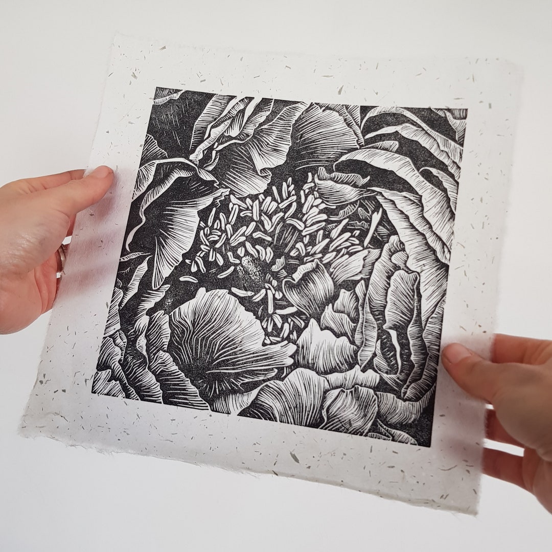 Peony Linocut, Original Handmade Print, Delicate Botanical Art, Flowers ...