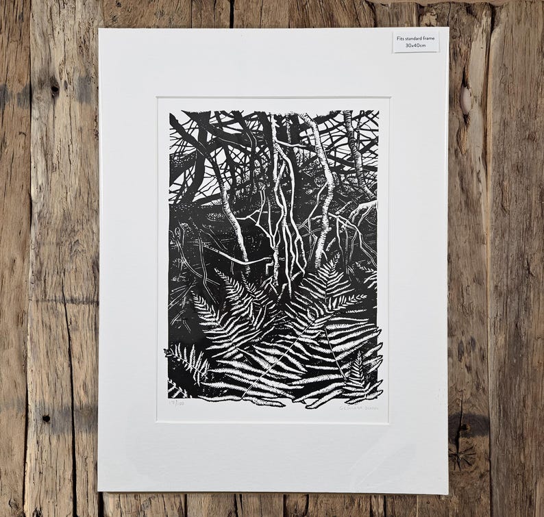 Forest and Ferns Linocut, Original Handmade Print, Delicate Botanical ...