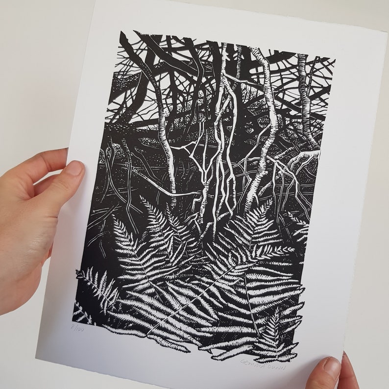 Forest and Ferns Linocut, Original Handmade Print, Delicate Botanical ...