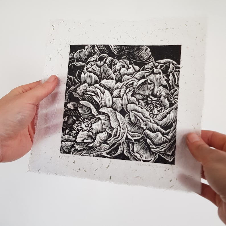 Peony Linocut, Original Handmade Print, Delicate Botanical Art, Flowers ...