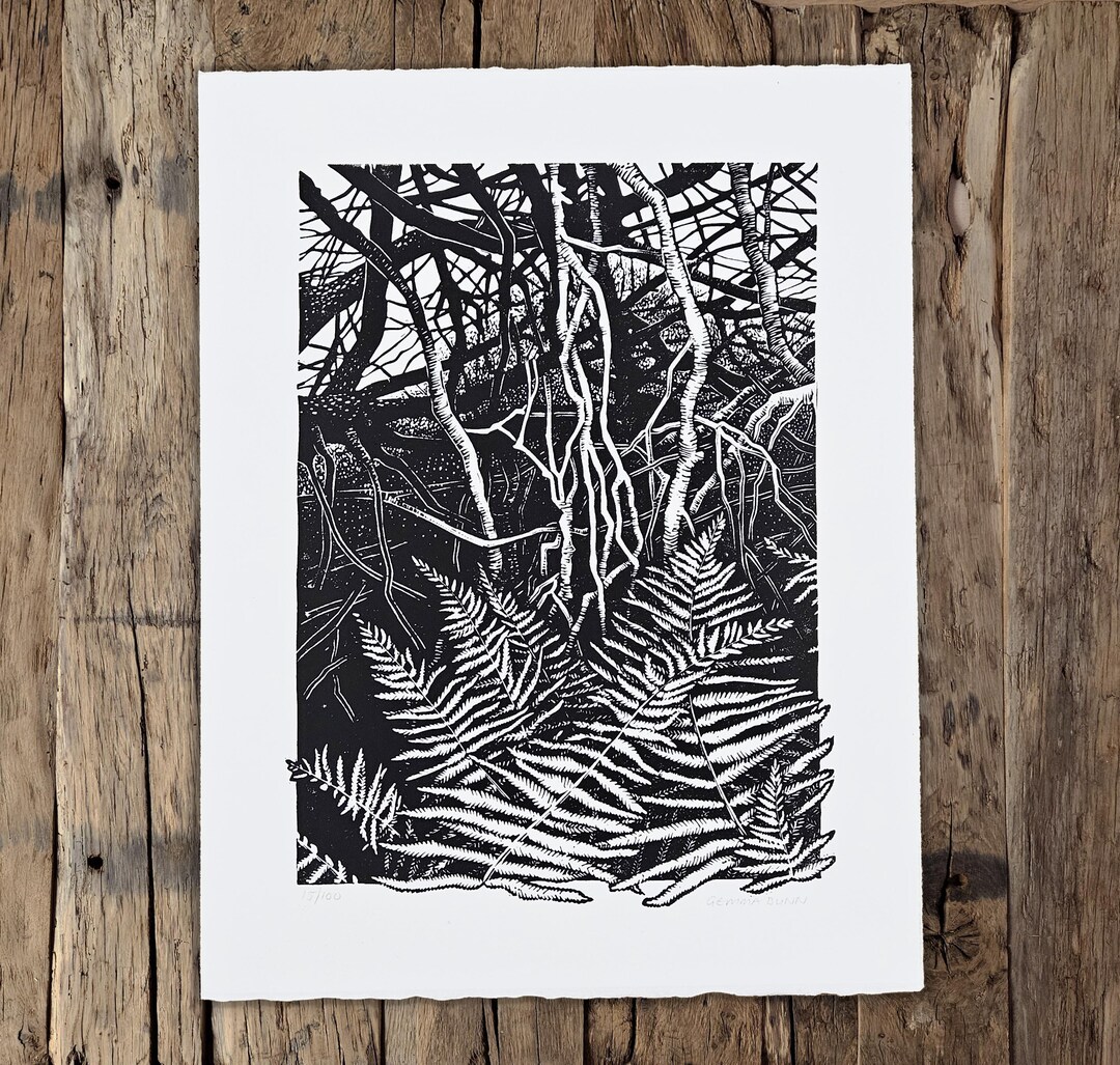 Forest and Ferns Linocut, Original Handmade Print, Delicate Botanical ...