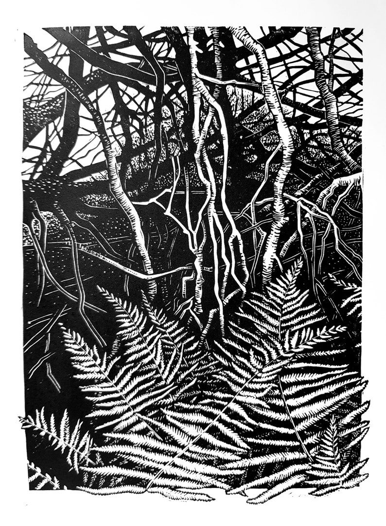 Forest and Ferns Linocut, Original Handmade Print, Delicate Botanical ...