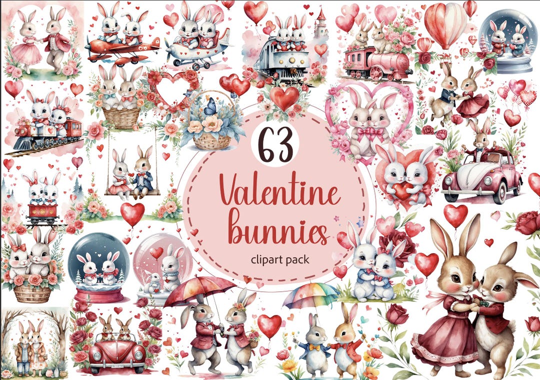 Bunnies Watercolor Clipart Bundle - 63 PNG Cute Adorable Bunny Images ...