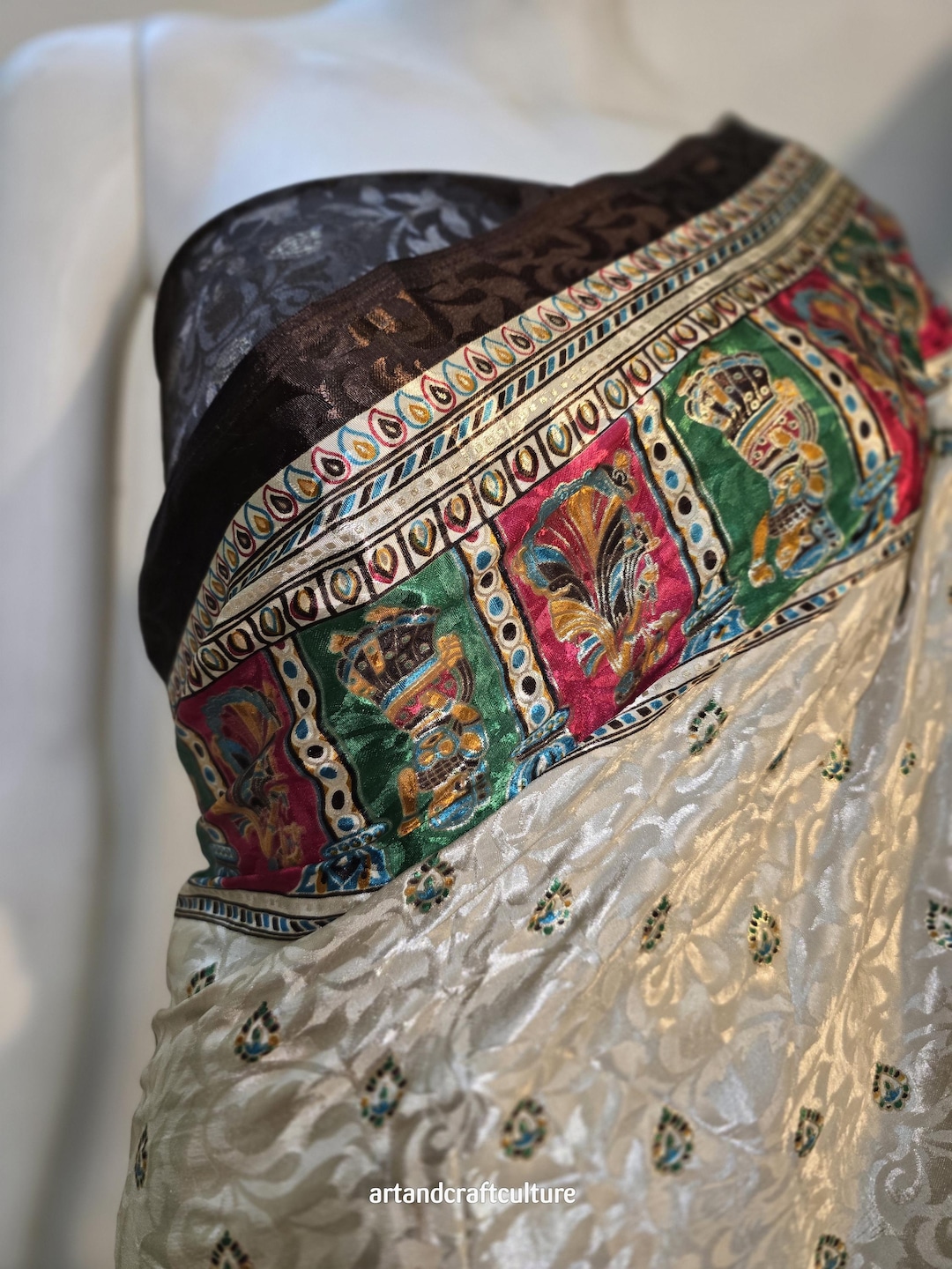 Cream Silk Saree: Rajasthani Handprint Royal Procession Design - Etsy