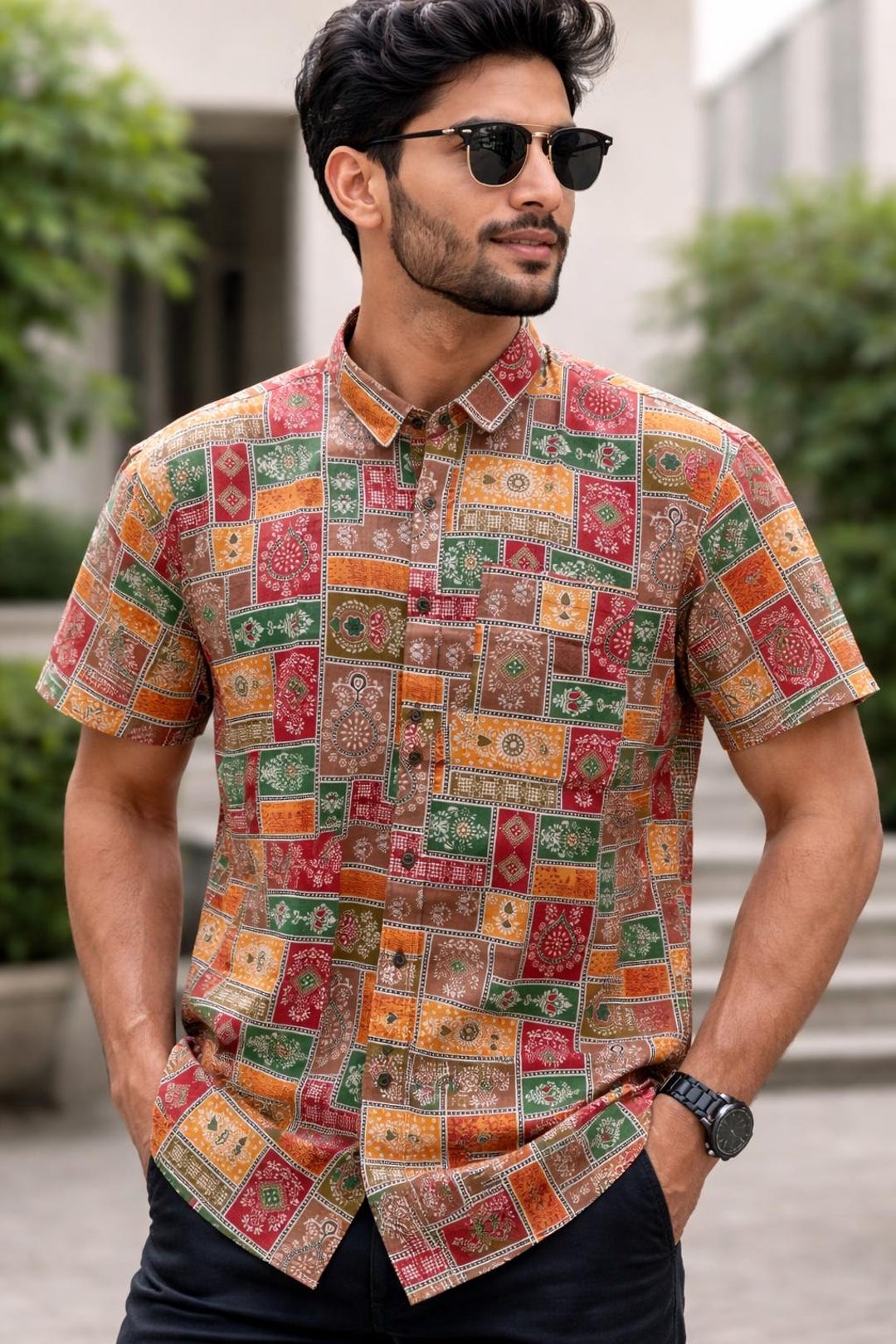 Men's Patchwork Print Shirt | Ethnic Block Design, Boho Short Sleeve - Etsy