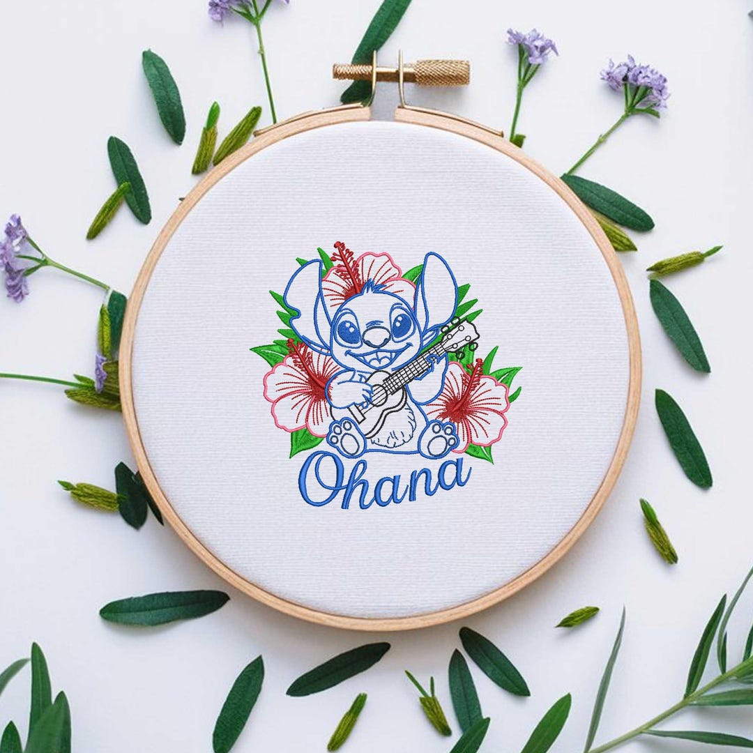 Ohana Floral Embroidery Design – Cute Character With Ukulele – Digital ...