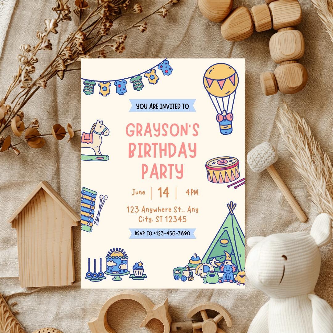 Gender Neutral First Birthday Party Invitation Template, Whimsical Toys ...