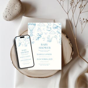 Vintage Blue Baby Shower Invitation, Elegant Hand-drawn Sketch, Classic ...