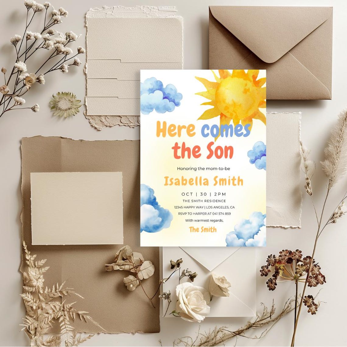 Here Comes the Son Baby Shower Invitation | Sunshine Clouds Theme ...