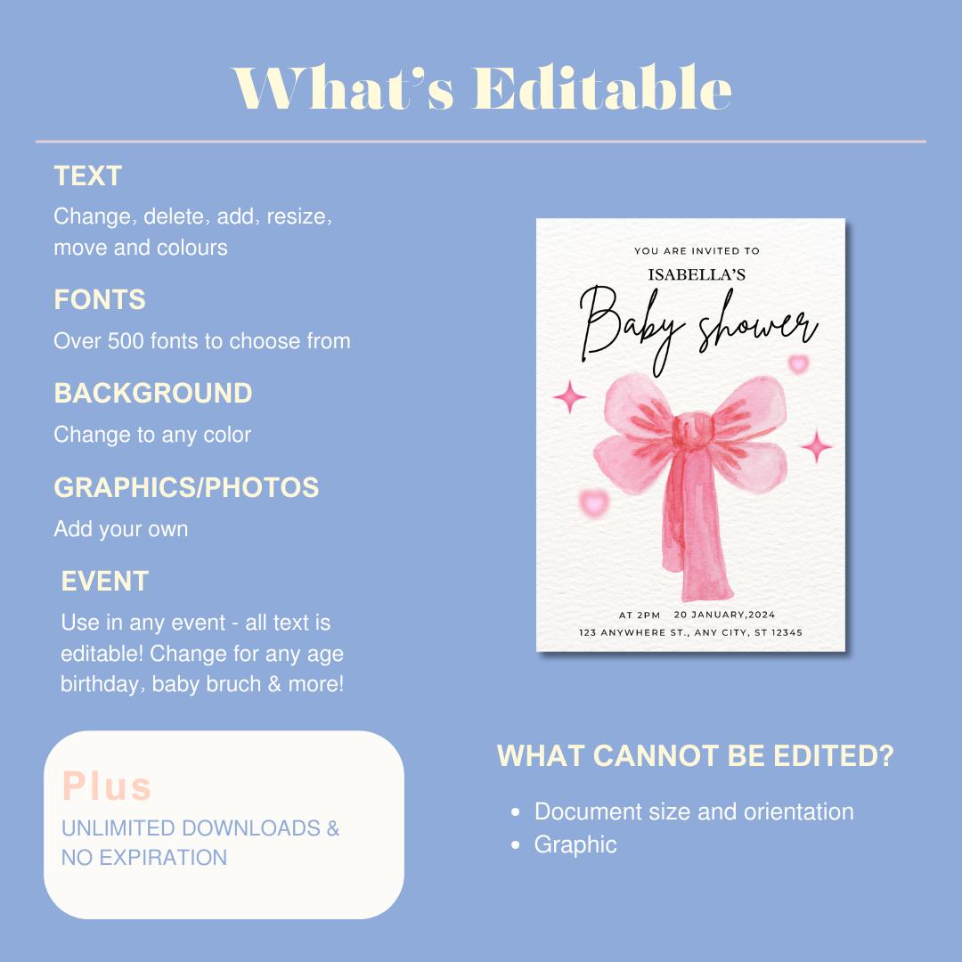 Pink Bow Baby Shower Invitation Bundle Printable, Pink Bow Invitation ...