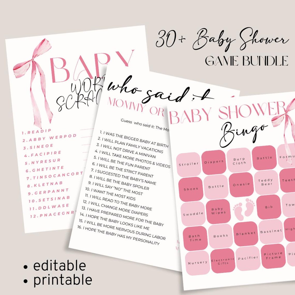 Pink Coquette Bow Baby Shower Games Bundles Template Printable, Baby ...