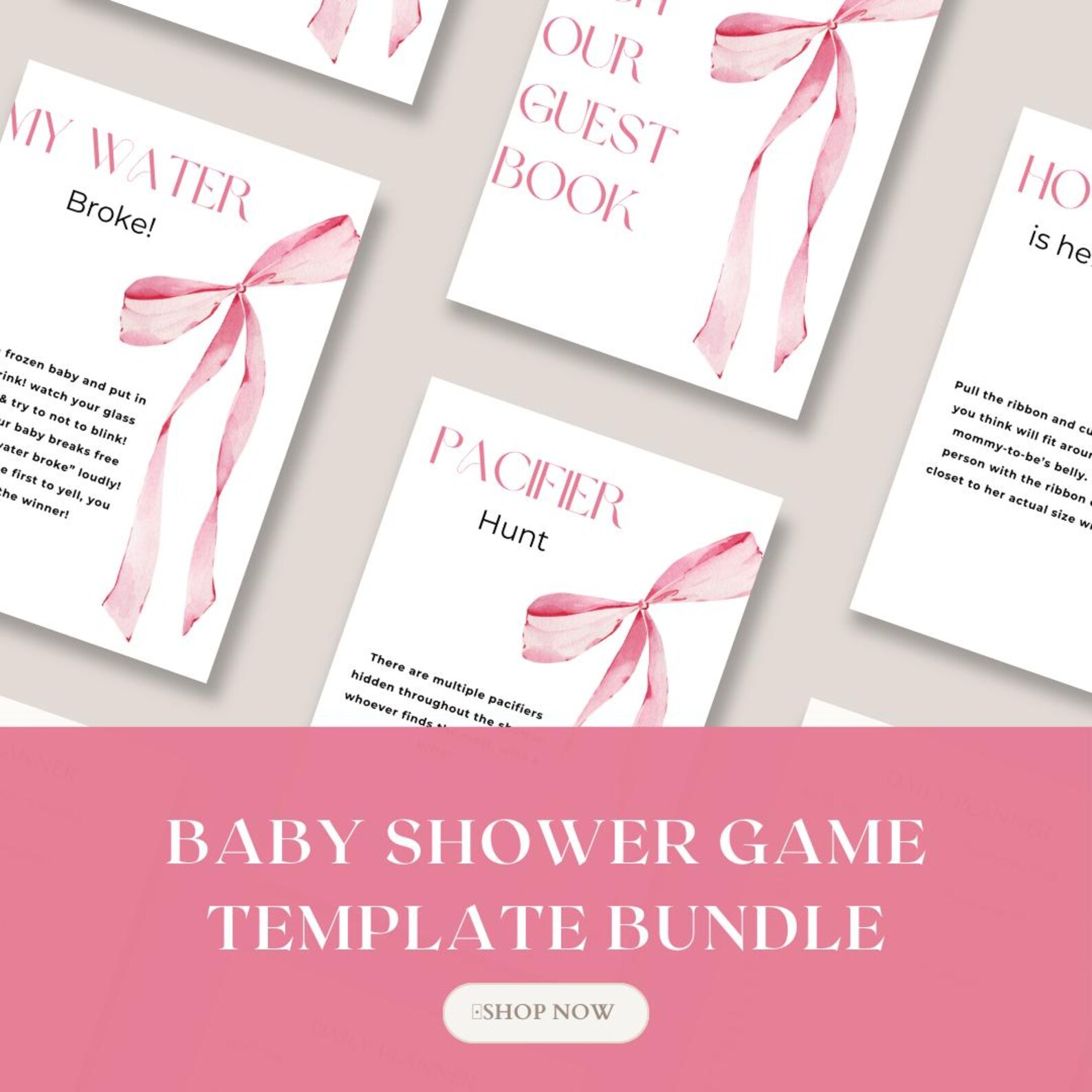 Pink Coquette Bow Baby Shower Games Bundles Template Printable, Baby ...