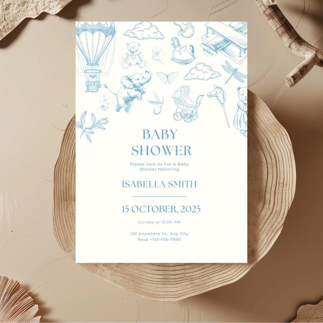 Vintage Blue Baby Shower Invitation, Elegant Hand-drawn Sketch, Classic ...